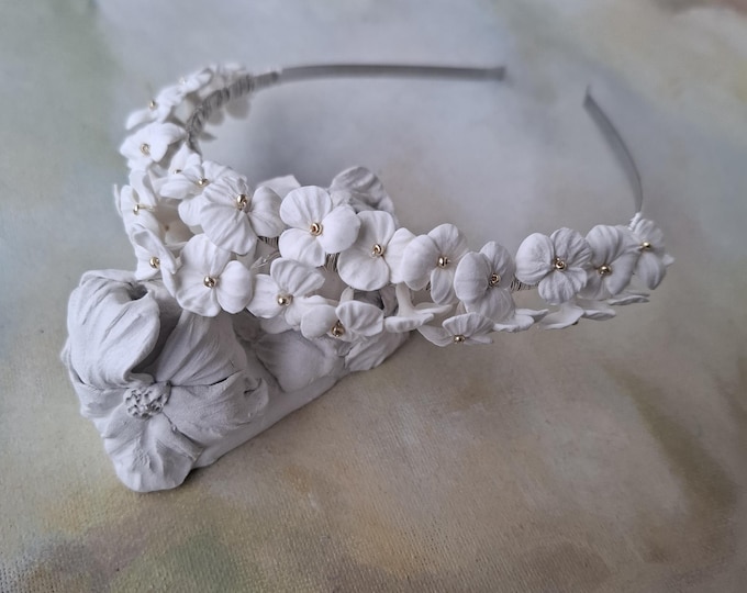 Clay Flower Tiara, Bridal Handmade Headpiece With Small White Clay ...