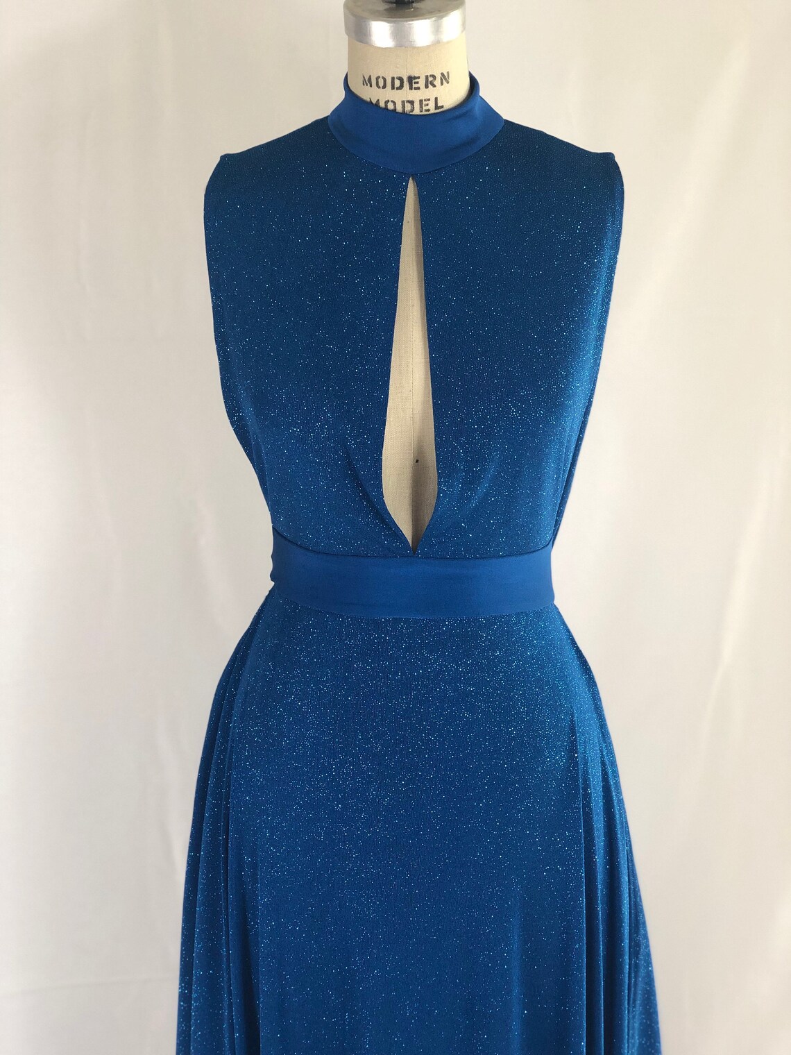 Blue Halter Dress With Adjustable Draping Statement Metallic Stretch ...