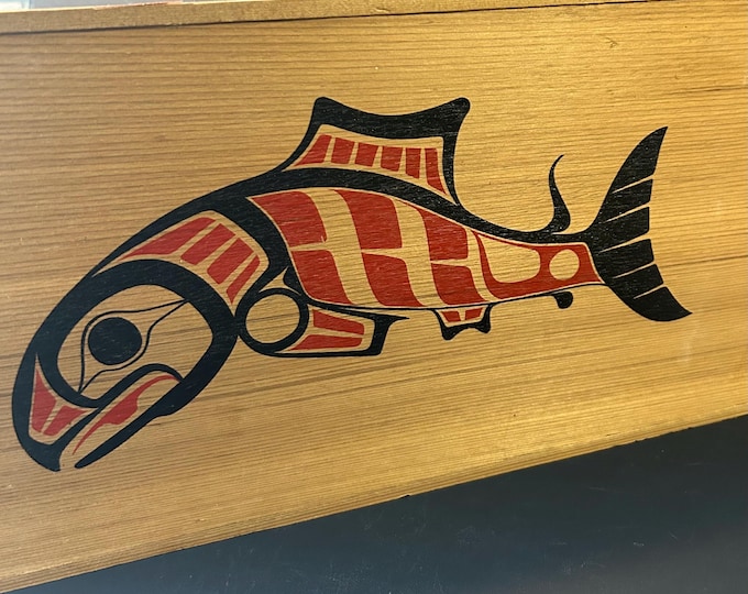 Vintage West Coast Haida Native Art Cedar Box With Salmon Design, Hand ...