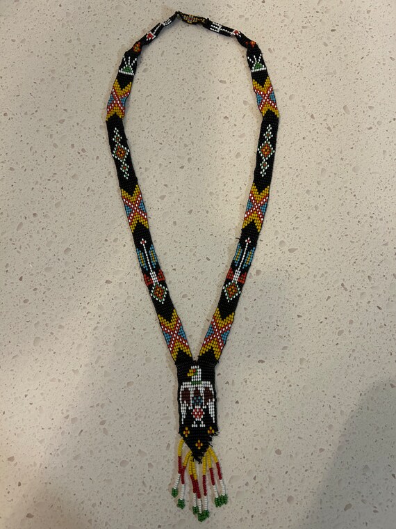 Vintage Native Necklace Eagle Seed Beads - Gem