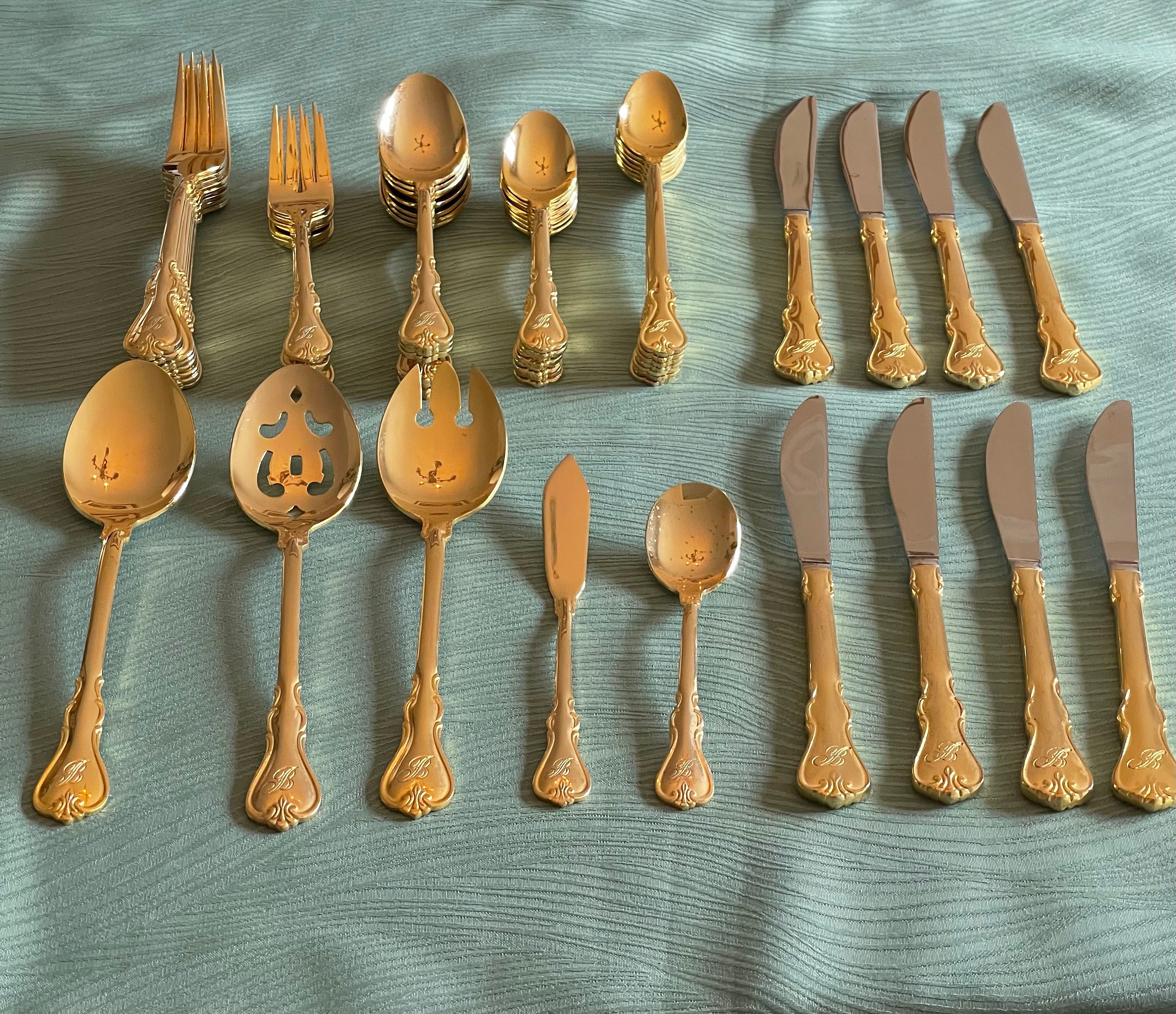 Vintage 51 Piece Cambridge Gold Jessica Monogram B Stainless Flatware ...