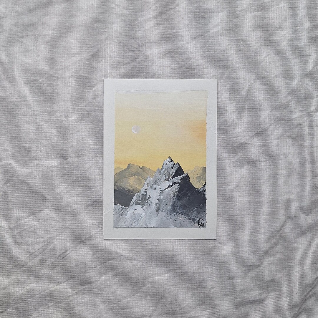 Textured Mountainscape Painting: Yellow Sky Acrylic Landscape, A6 Art ...