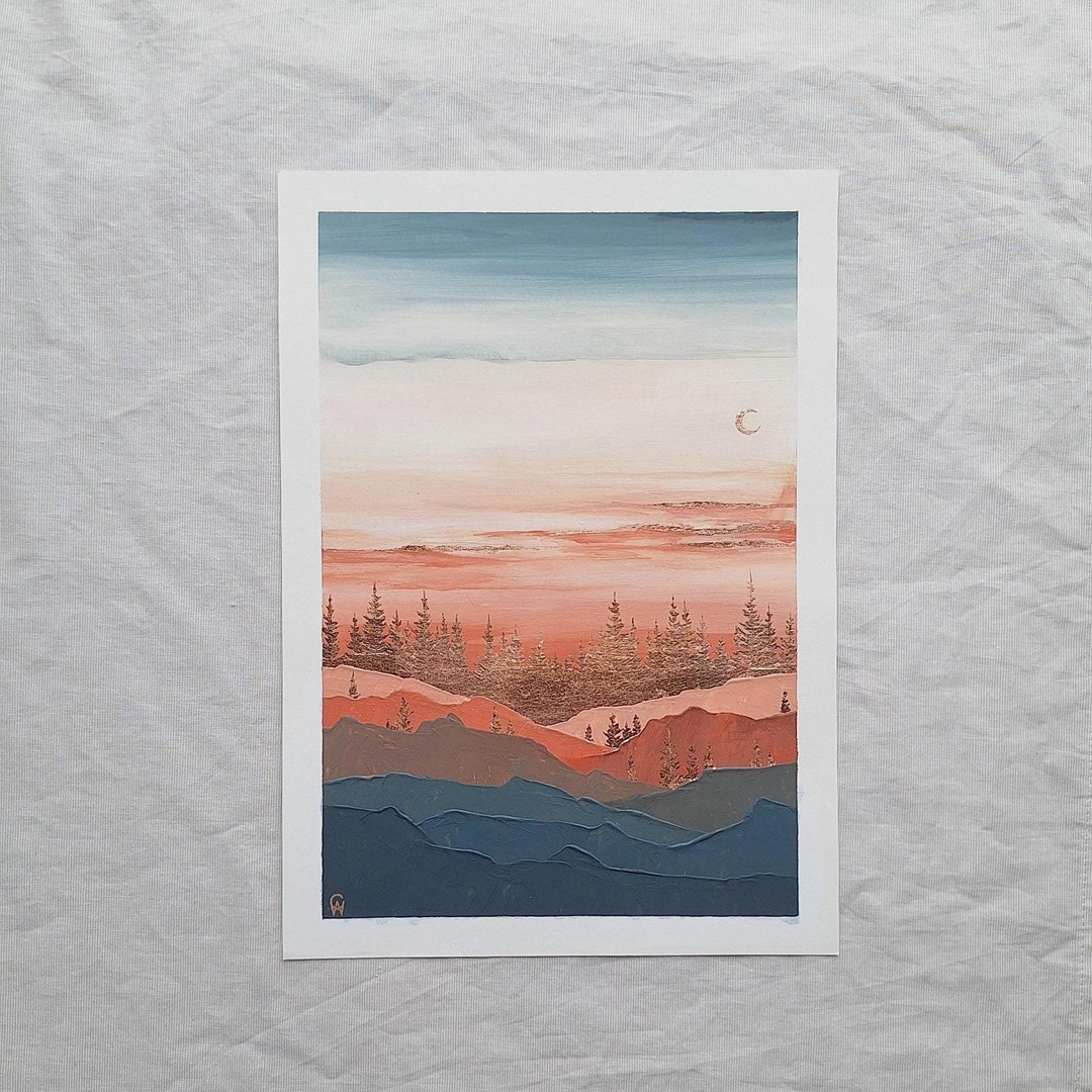 Blush Pink Metallic Hand-painted Acrylic Landscape Painting - Treeline ...