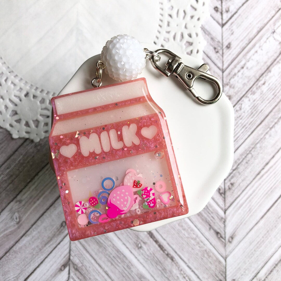 Strawberry Milk Inspired Resin Shaker Keychain - Resin Shaker Keychain ...