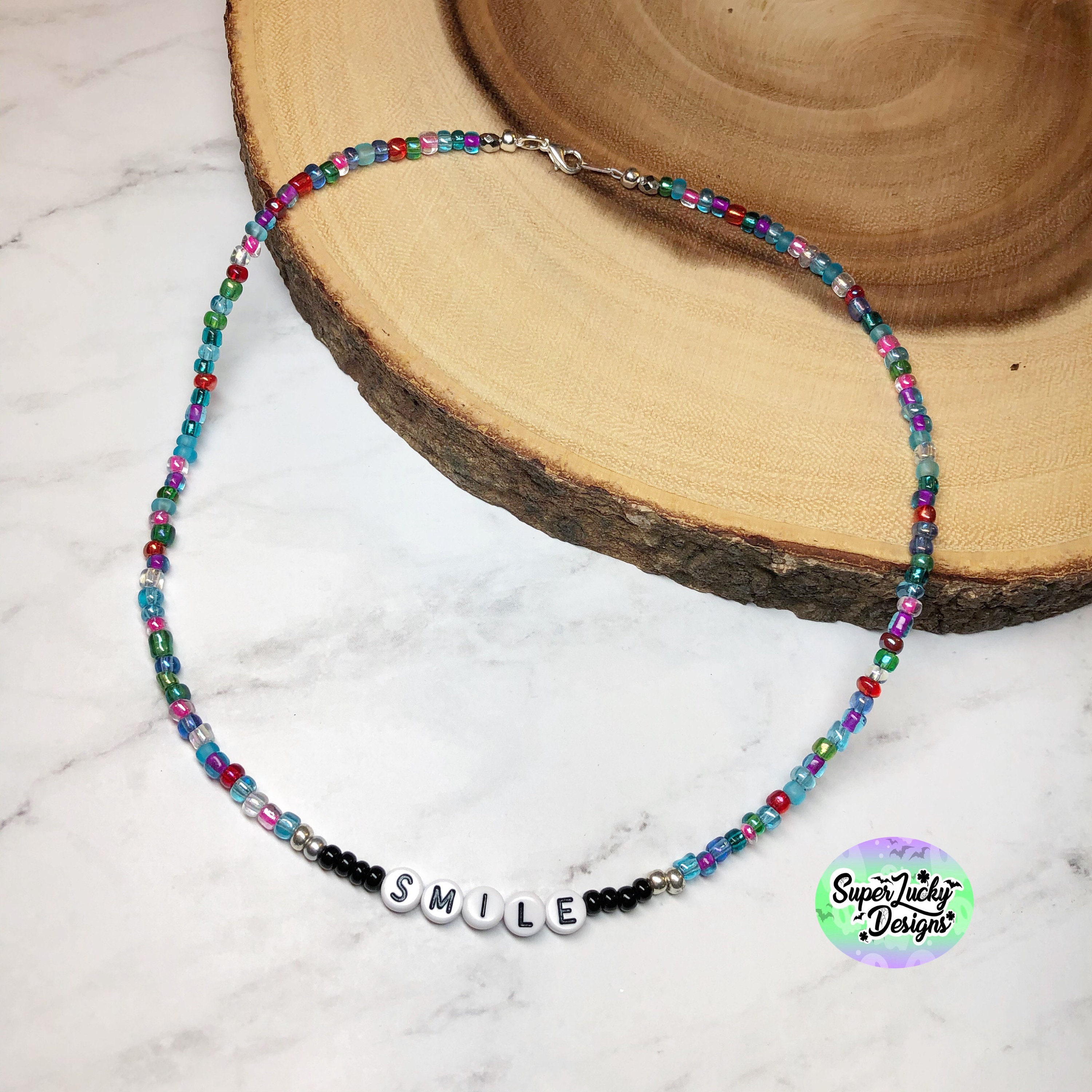 Smile Seed Bead Necklace - Smile Letter Beads Choker - Colorful Choker ...