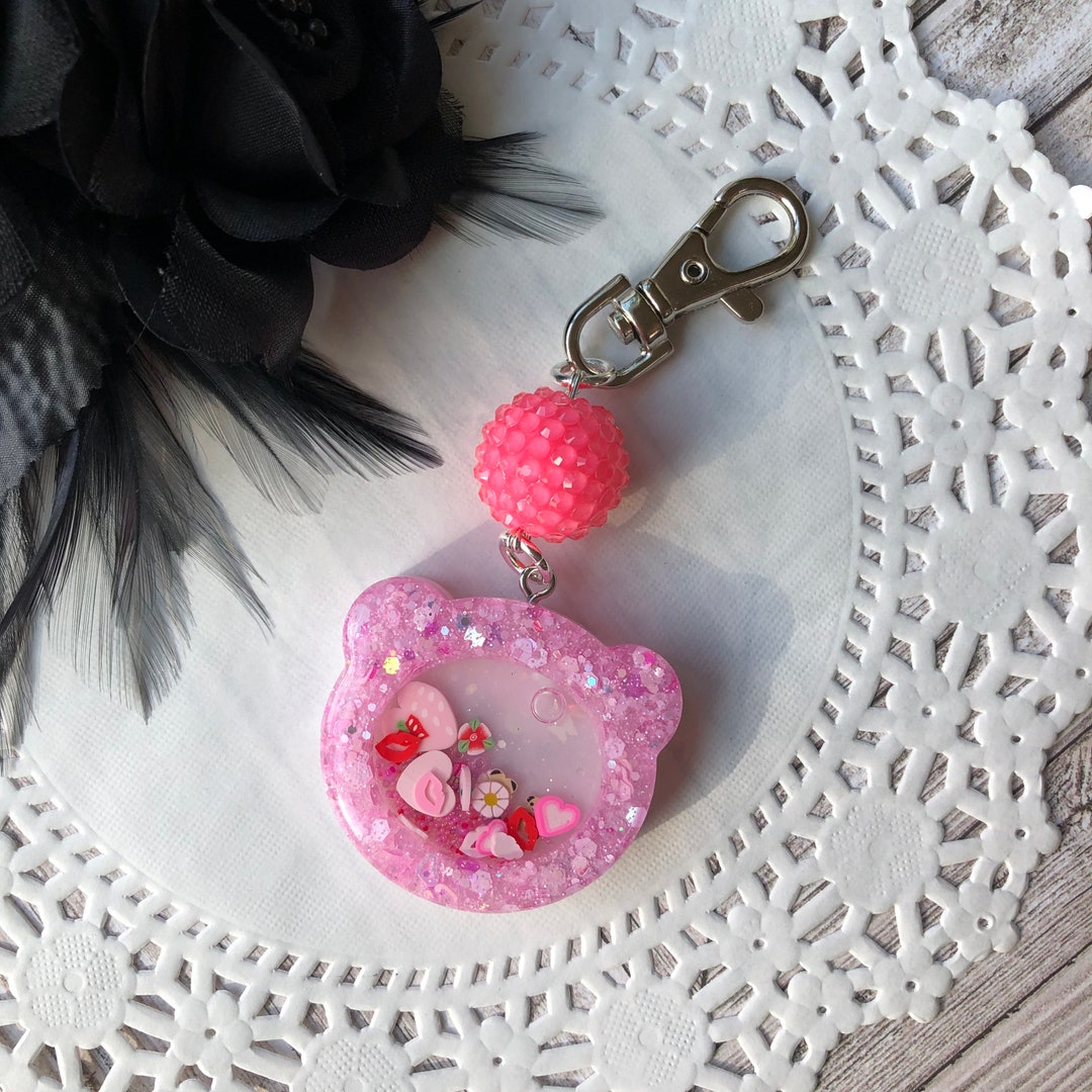 Valentines Themed Pink Bear Shaped Resin Shaker Keychain - With ...