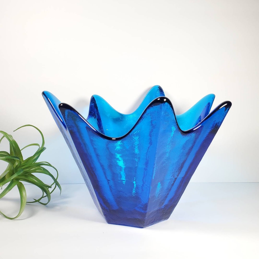 Vintage Blenko Glass Seven Pointed Star Bowl Blue Art Glass Centerpiece ...