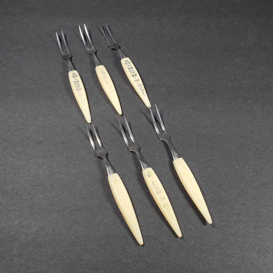 Vintage Cocktail Forks Set of 6 White Plastic Handle Stainless Steel ...
