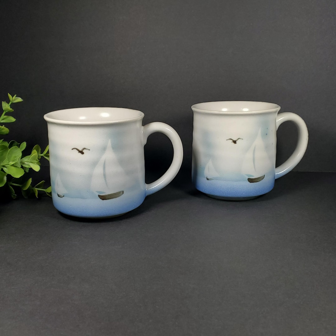 Vintage Sailboat Mug Set of 2 Ceramic Stoneware Nautical Boat Mugs ...