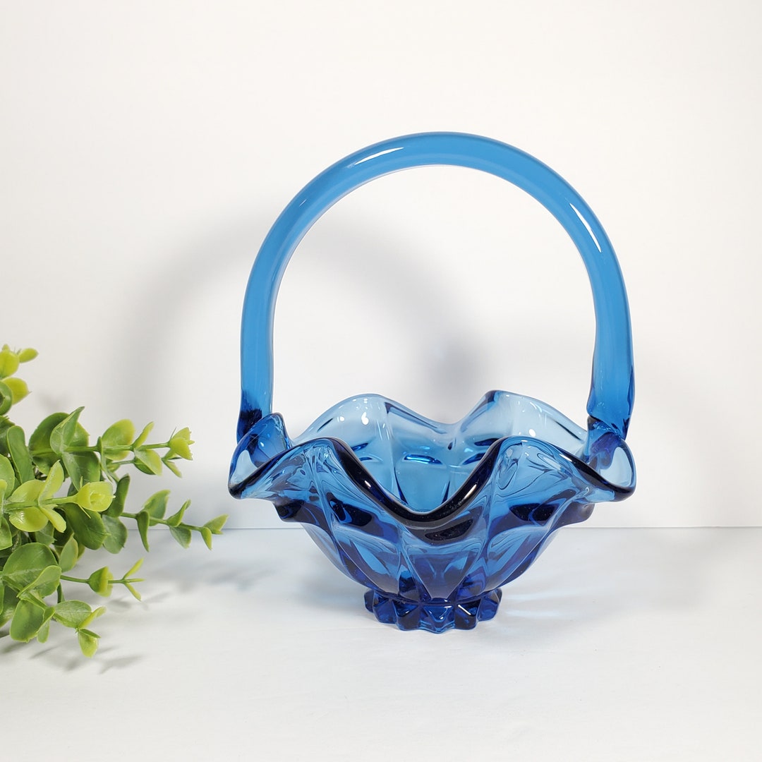 Vintage Blue Fenton Glass Basket Ruffled Glass Candy Trinket Basket ...