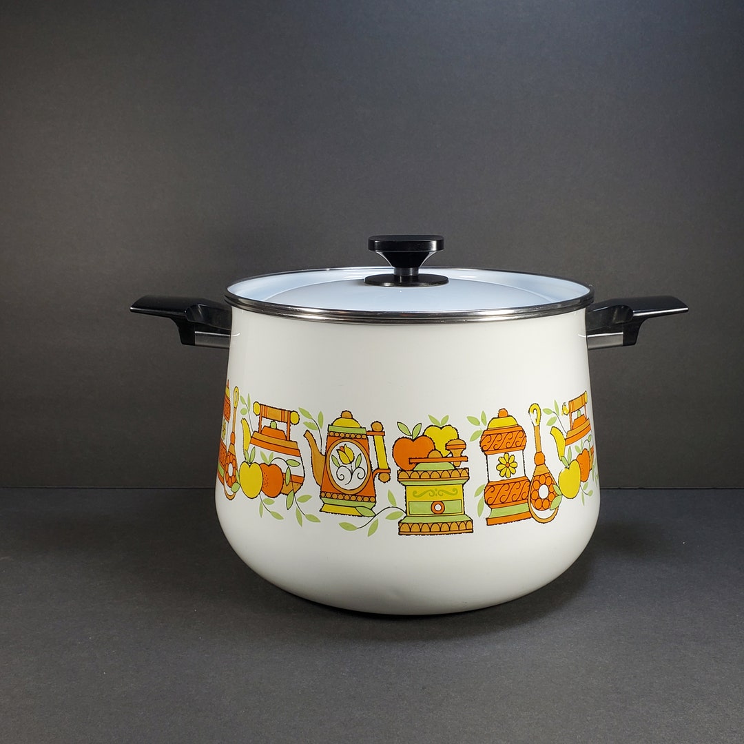 Vintage Enamelware Stock Pot West Bend Soup Pot White Orange Yellow ...
