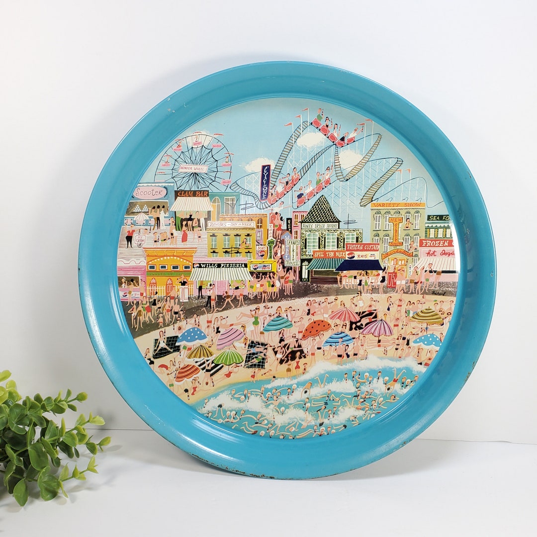 Vintage Pepsi Tray Aqua Blue Metal Tray Beach Boardwalk Scene Bar Tray ...
