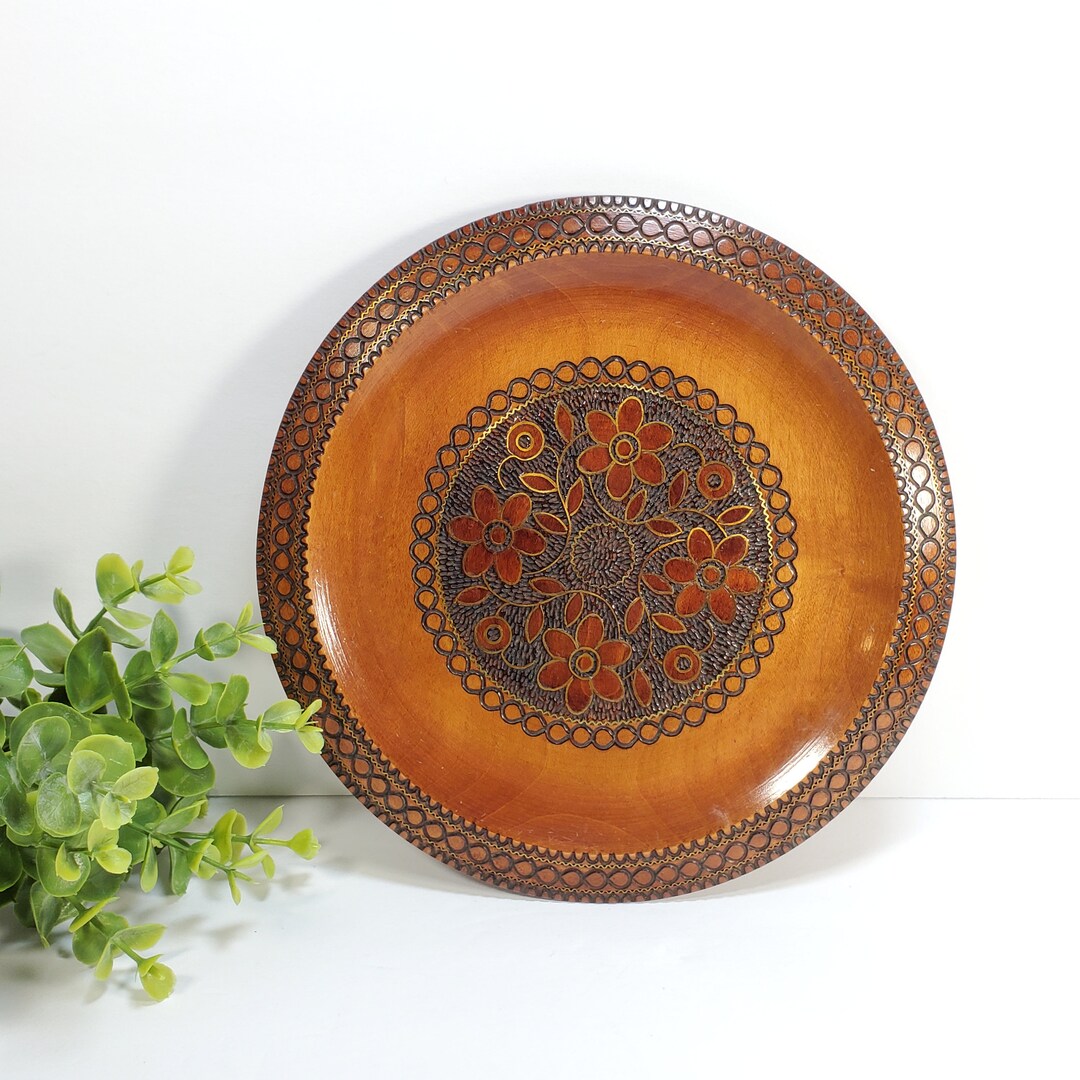 Vintage Wood Decorative Plate Polish Folk Art Poland Souvenir Carved ...