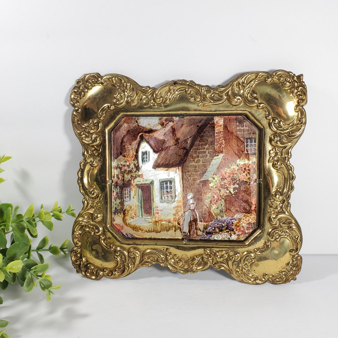 Vintage Floral Cottage Foil Print Gold Brass Picture Frame Woman in ...