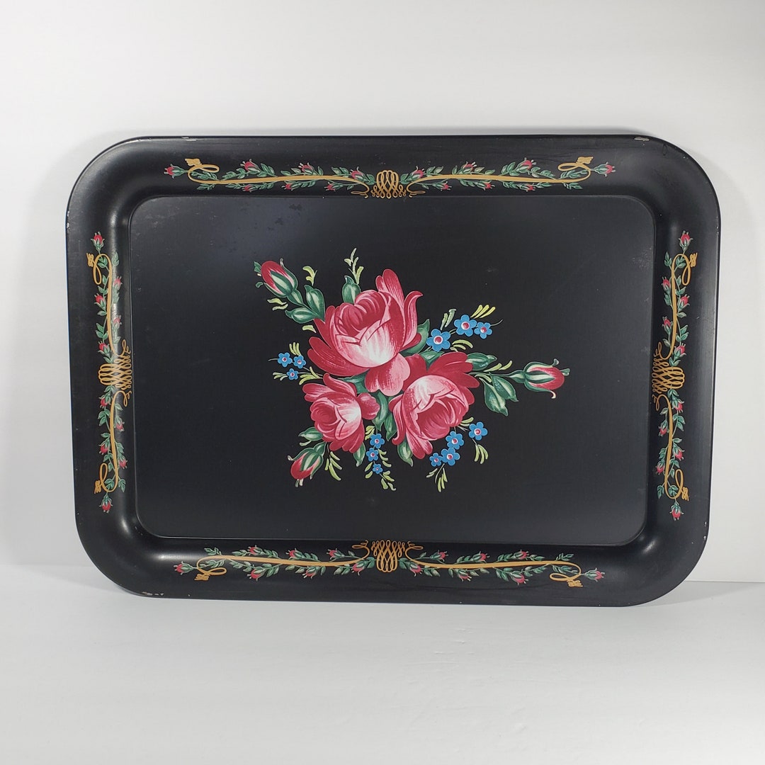 Vintage Black Metal Floral Tole Tray Toleware Tray Pink Rose Tray ...