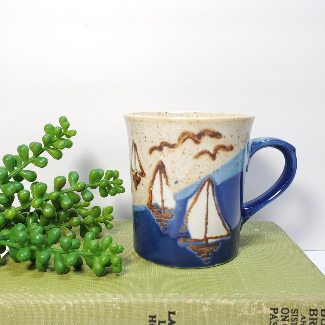 Vintage Sailboat Mug Blue Striped Brown Speckled Ceramic Boat Nautical ...