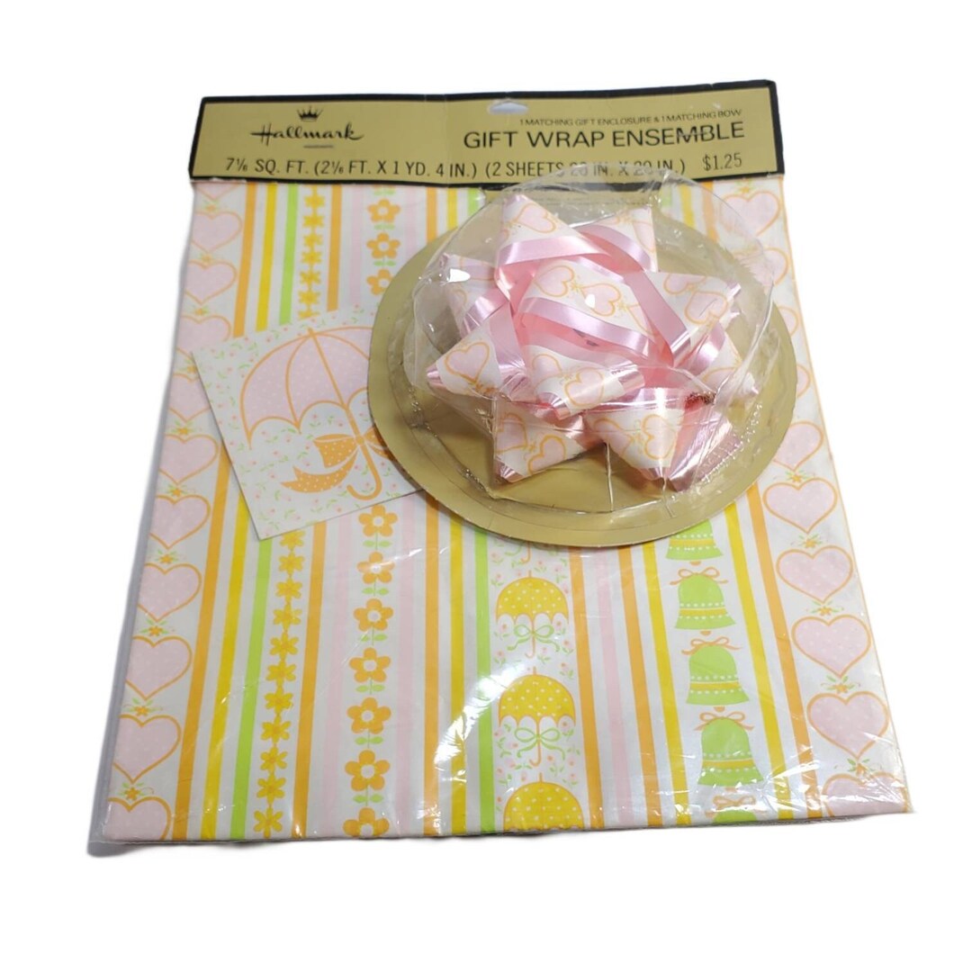 Vintage Hallmark Gift Wrap Set Wrapping Paper and Bow Pink Yellow ...