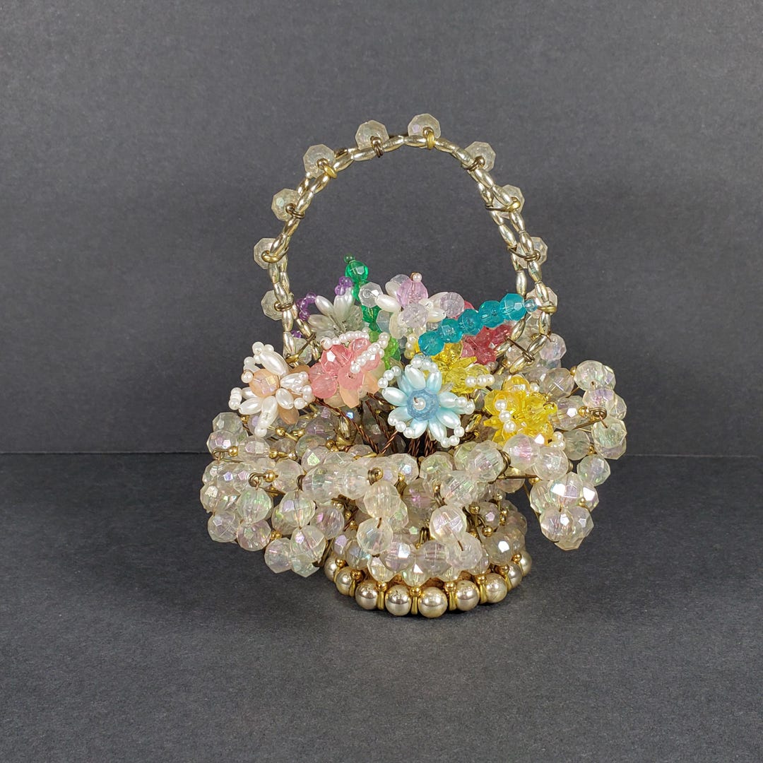 Vintage Safety Pin Beaded Flower Basket Clear Iridescent Plastic Beaded ...