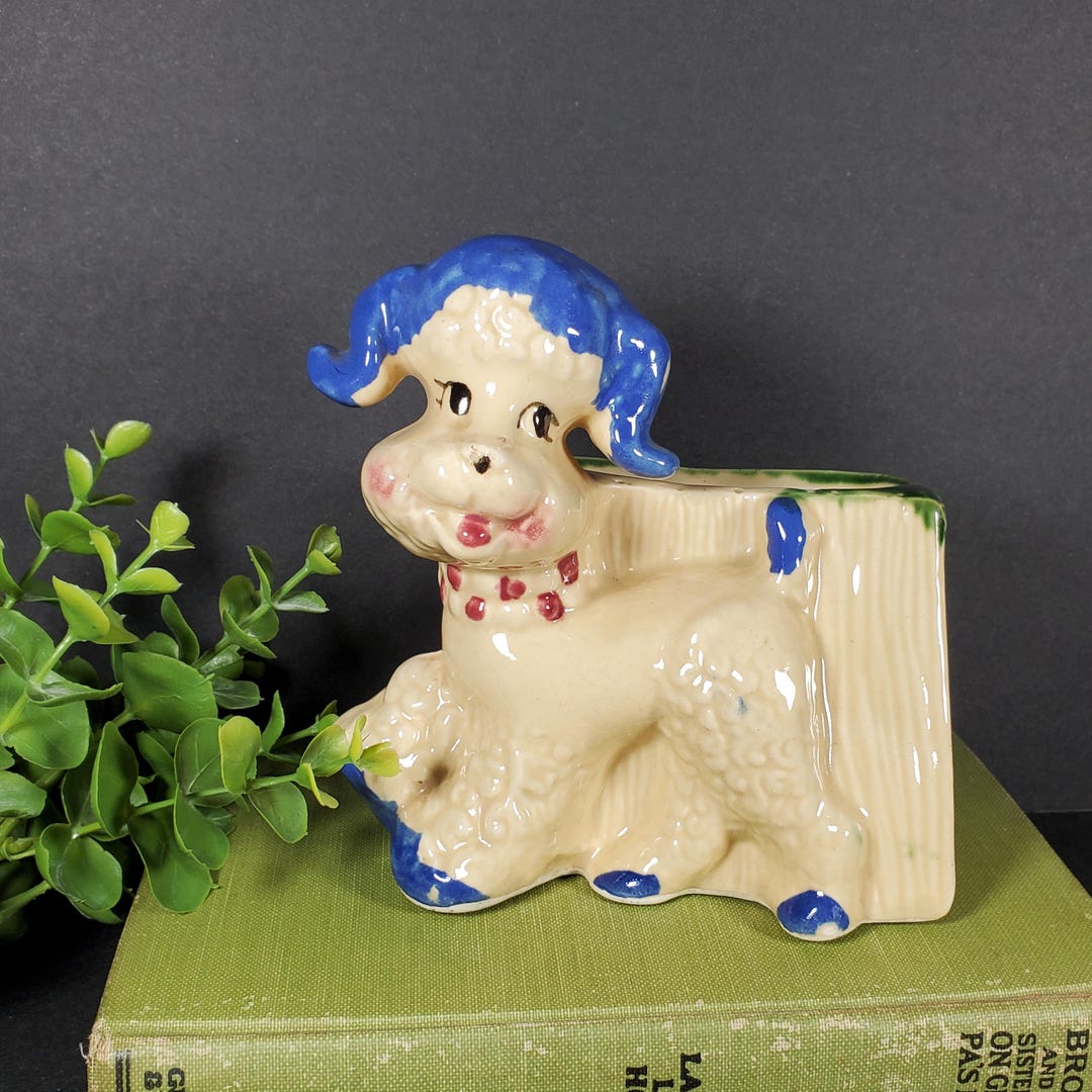 Vintage Poodle Dog Planter White Blue Ceramic Dog Planter Poodle Vase ...