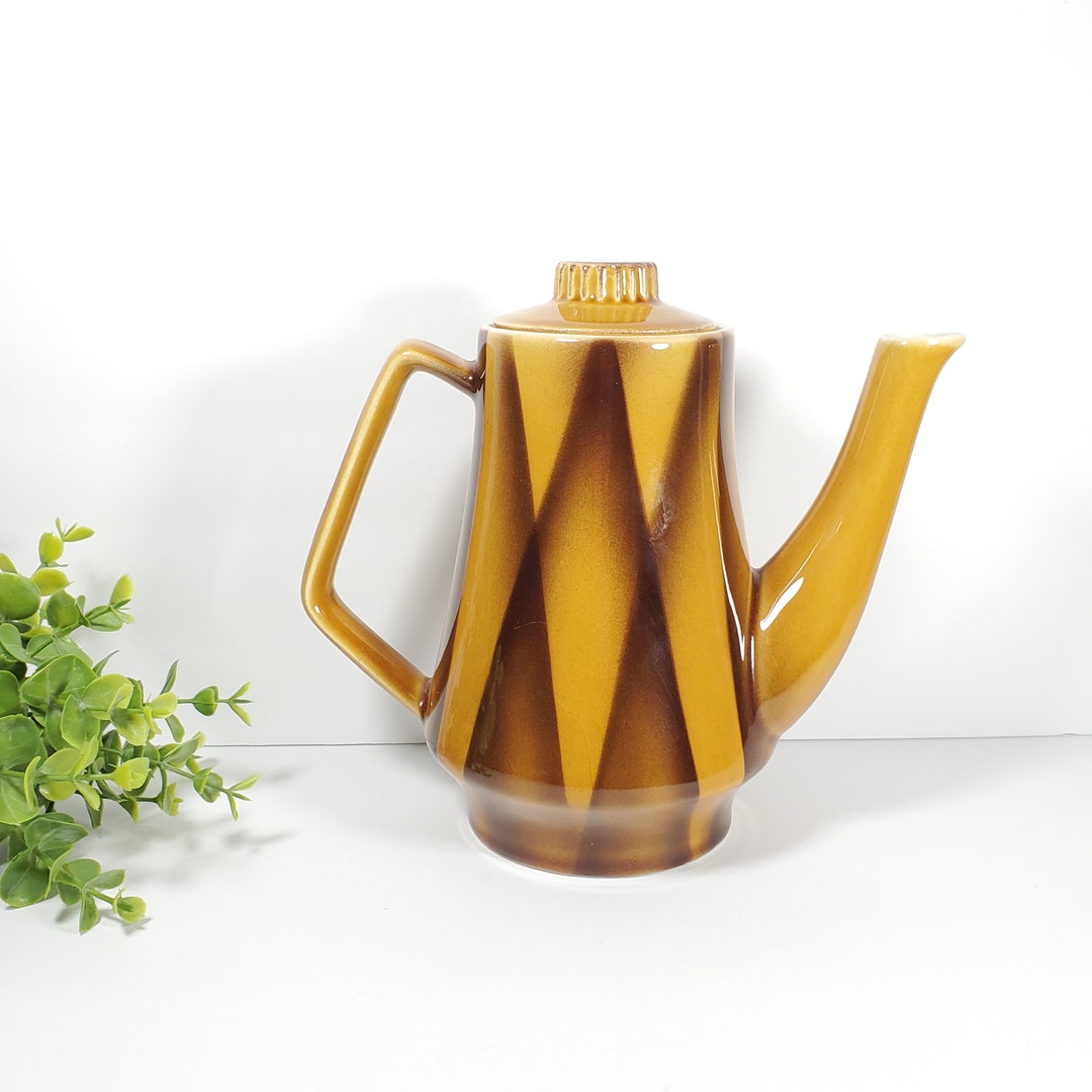Vintage Mustard Yellow Brown Teapot Melitta Germany Diamond Pattern ...