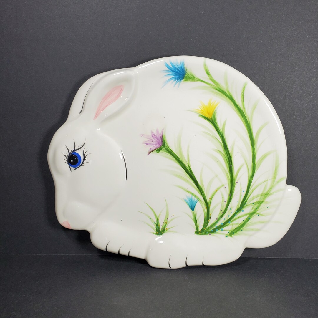 Vintage Bunny Tray White Ceramic Rabbit Plate Hand Painted Floral ...