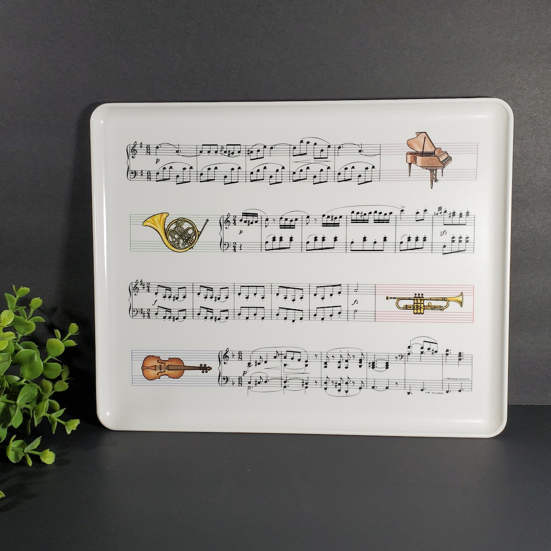 Vintage Music Tray White Plastic Tray Music Notes Piano Trumpet Violin ...