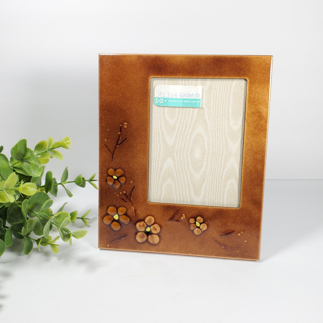 Vintage Enamel Floral Picture Frame Bronze Gold Yellow Flower Picture ...