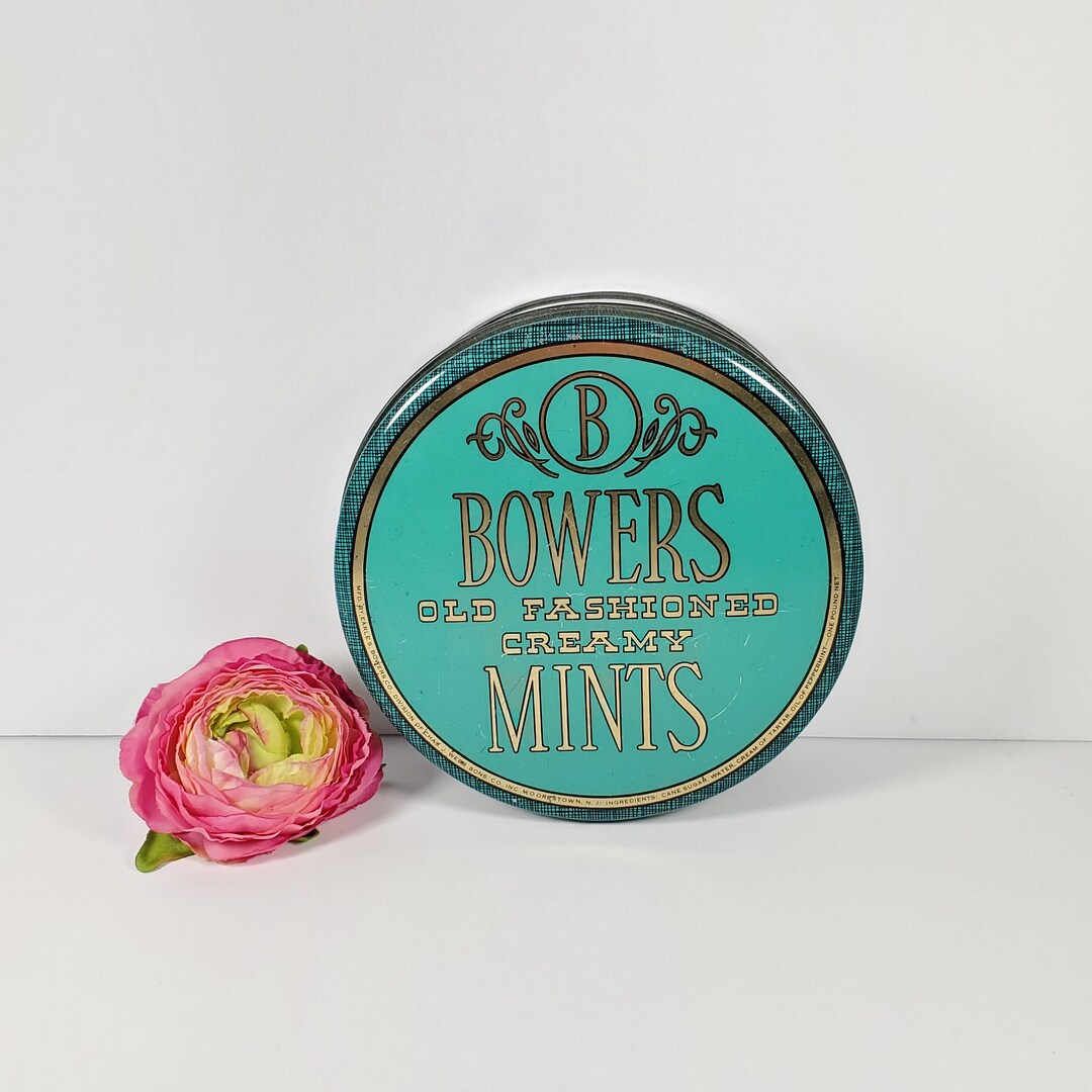 Vintage Candy Tin Canister Bowers Old Fashioned Creamy Mints Teal Green ...