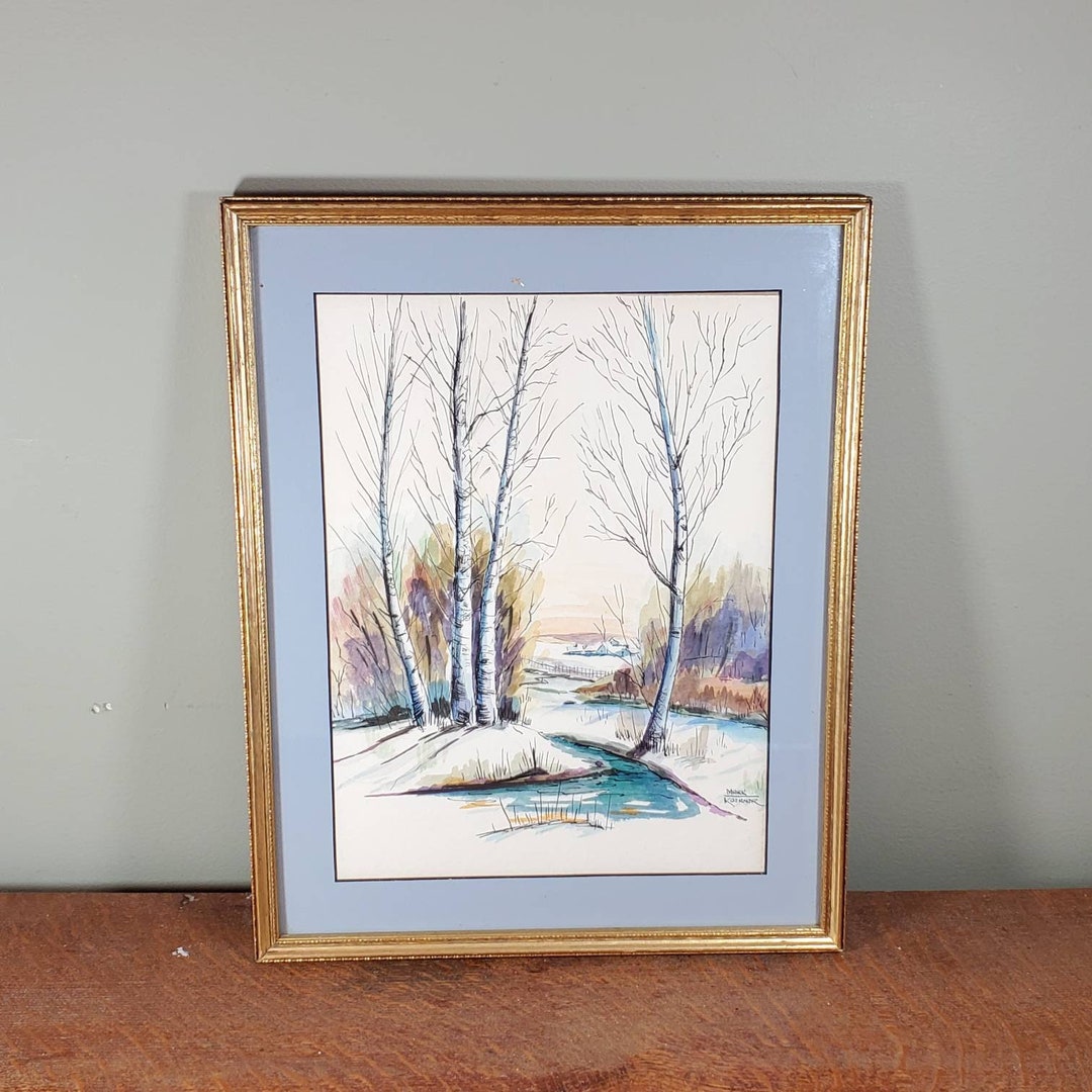 Vintage Landscape Watercolor Painting Birch Trees Stream Snow Landscape ...