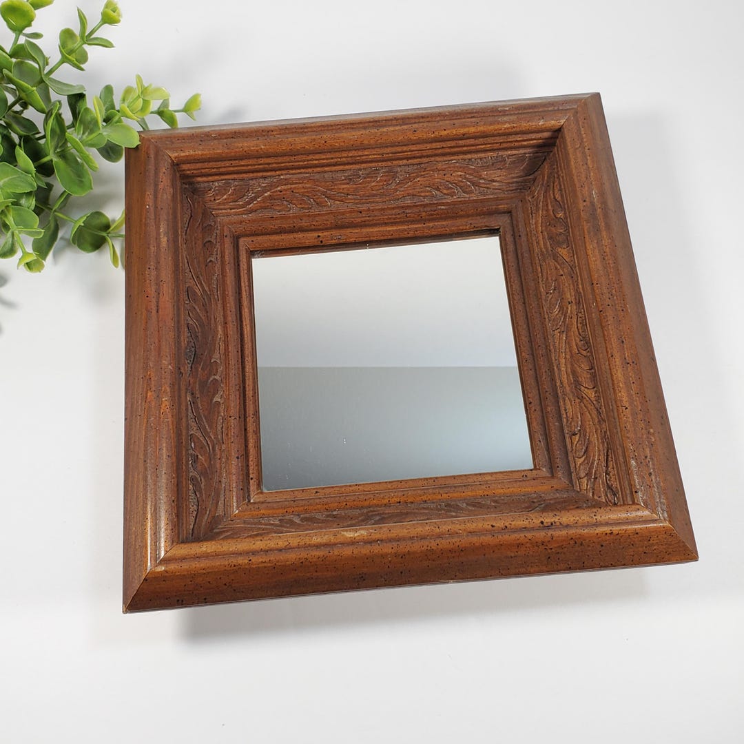 Vintage Wood Framed Mirror Wall Hanging Square Diamond Beveled Mirror ...