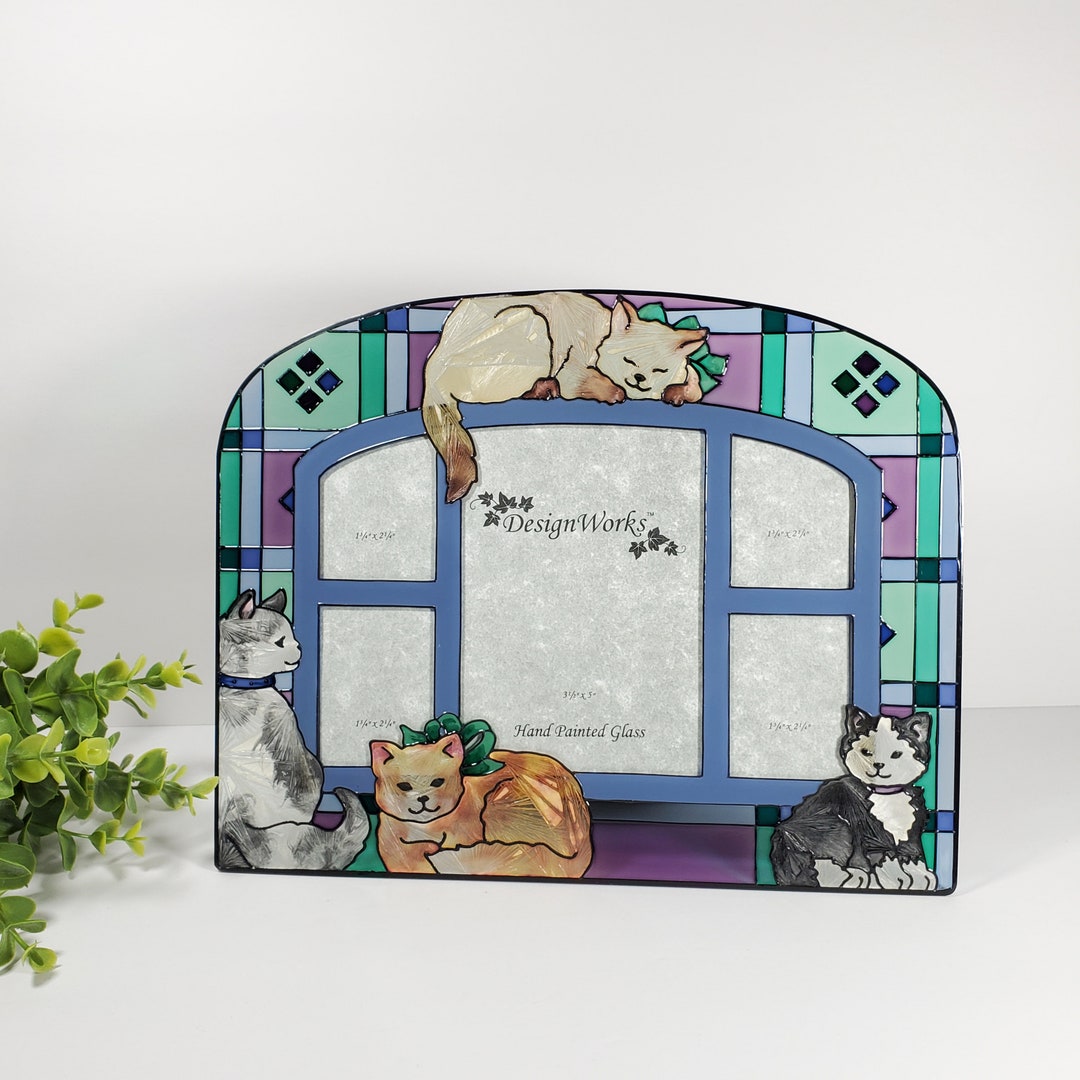 Vintage Cat Picture Frame Painted Glass Cats Kittens Faux Stained Glass ...
