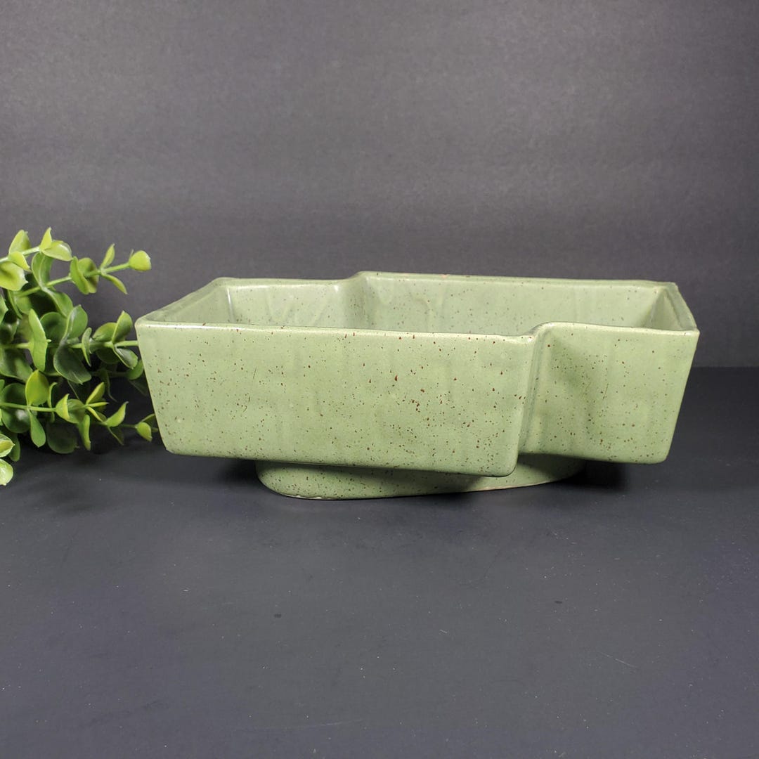 Vintage Green Pottery Planter Upco USA Green Brown Speckled Ceramic ...