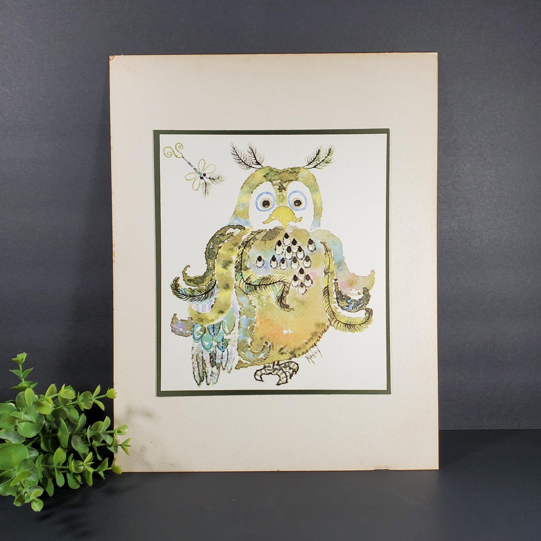 Vintage Owl Print Ready to Frame Green Blue Yellow Owl Watercolor Print ...