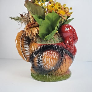 Vintage Turkey Planter Ceramic Turkey Vase With Faux Floral Arrangement ...
