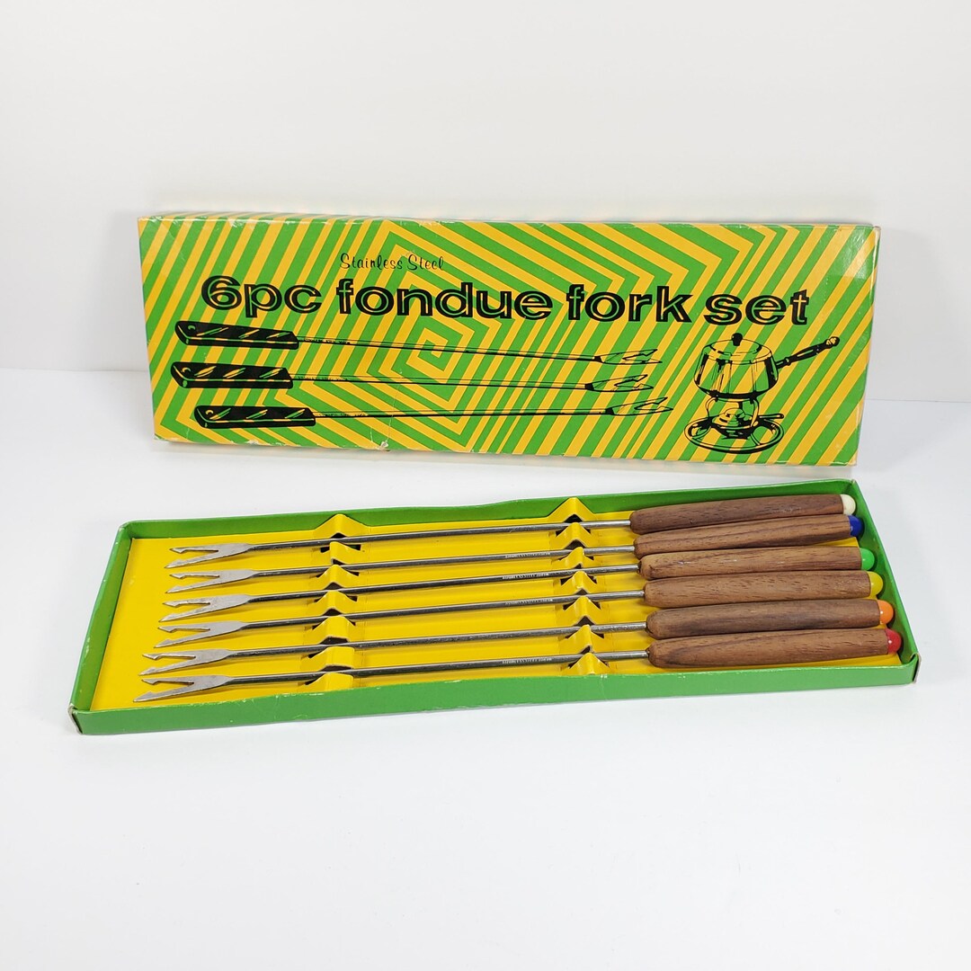 Vintage Fondue Forks Set of 6 Multi Colored Ends Wood Handles Stainless ...