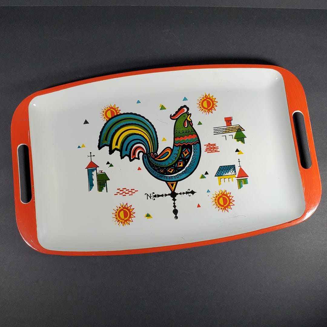 Vintage Rooster Tray Folk Art Weather Vane Sun Rooftop Colorful Plastic ...