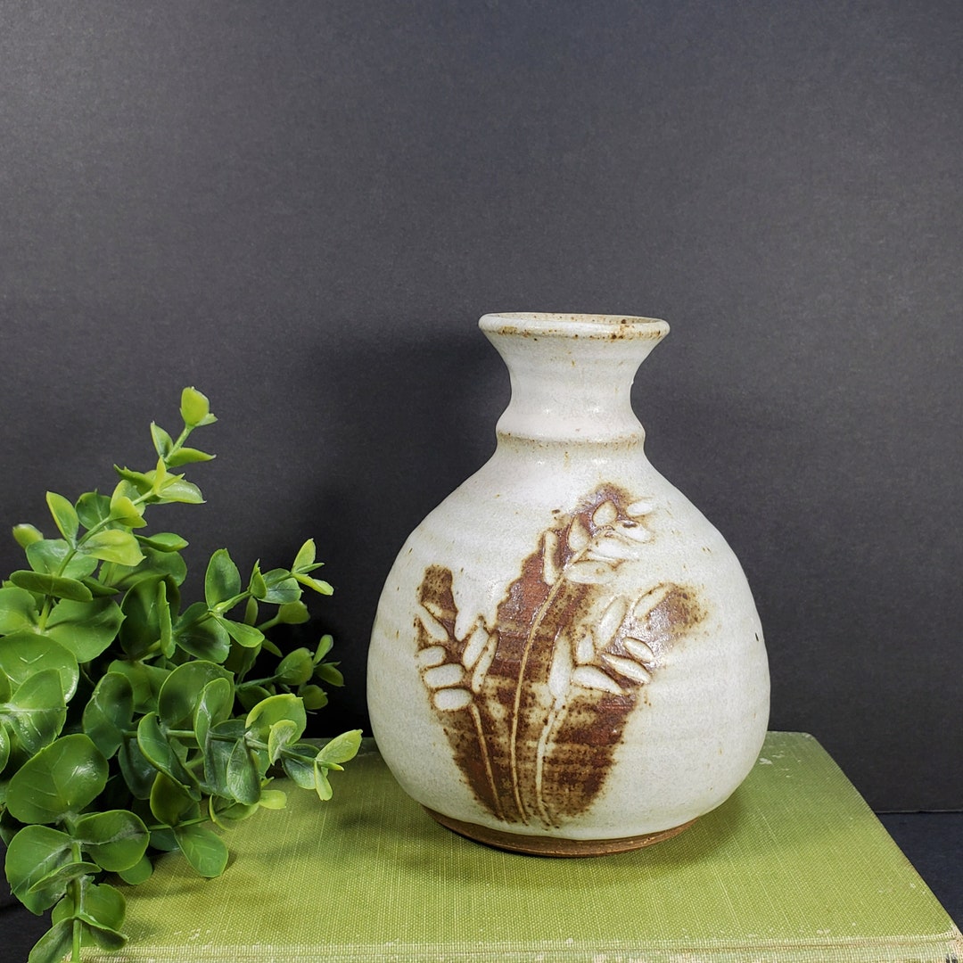 Vintage Weed Pot Art Pottery Vase Botanical Leaf Imprinted Pottery Vase ...
