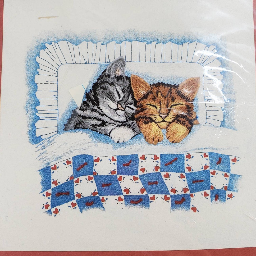 Vintage Crewel Kit Janlynn 1986 Naptime Two Cats Sleeping Grey Brown ...