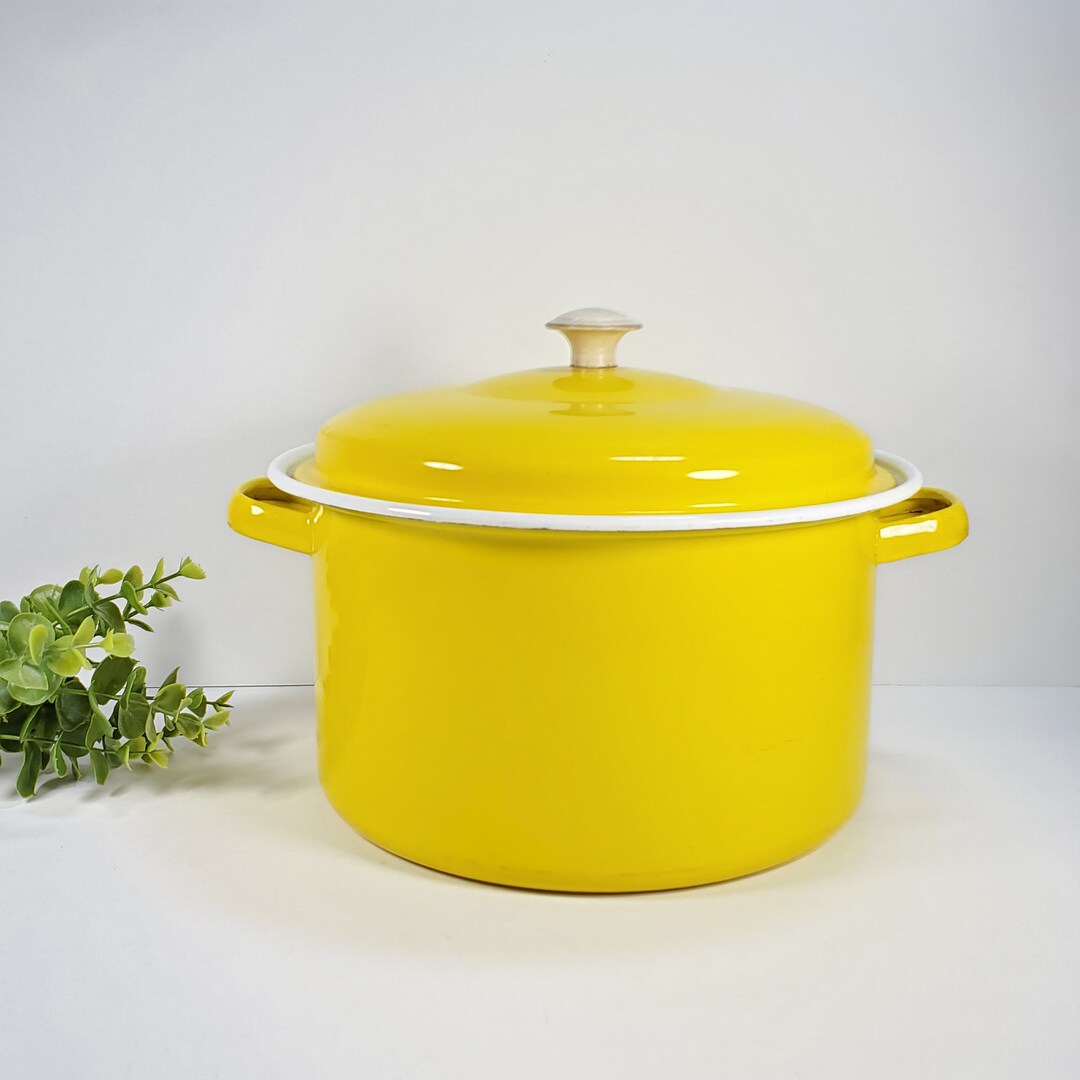 Vintage Yellow Enamelware Stock Pot Soup Pot Yellow White 1970s Crock ...