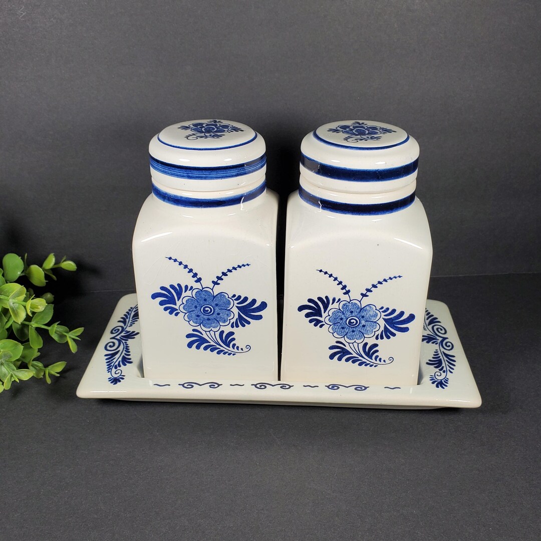 Vintage Delft Bleuw Canister Set of 2 With Tray Hand Painted Ceramic Storage Container Blue ...