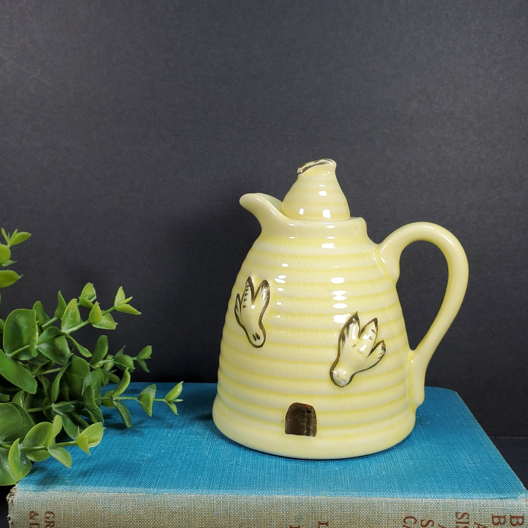 Vintage Honey Pot Yellow Ceramic Honey Jar Gold Metallic Honey Bee ...