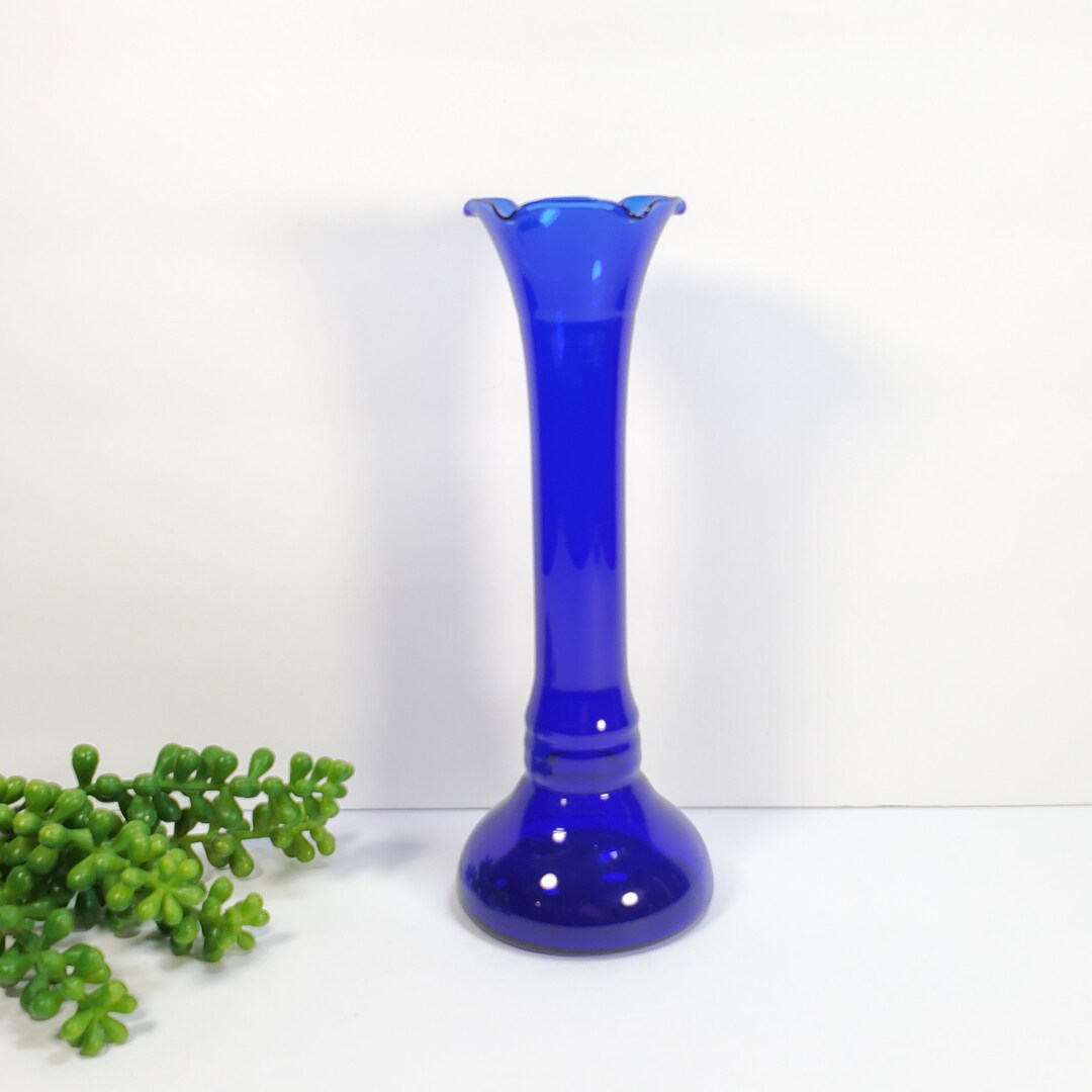 Vintage Cobalt Blue Glass Vase Trumpet Ruffled Vase Scalloped Edge Vase ...