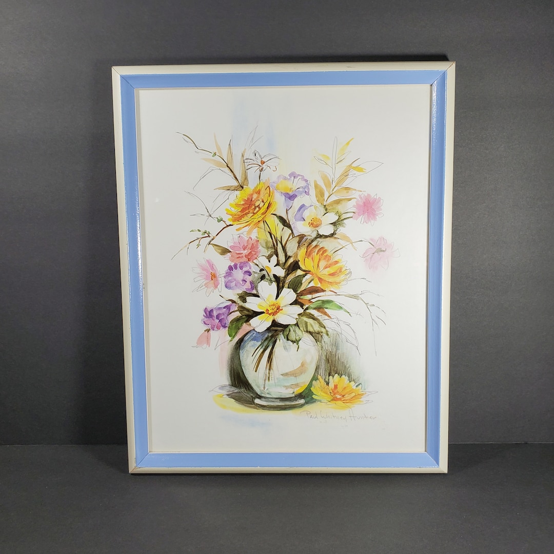 Vintage Floral Print Paul Whitney Hunter Flower Bouquet Blue White ...