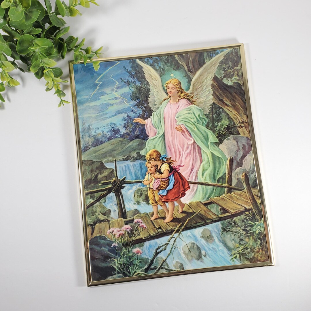 Vintage Guardian Angel Print Gold Framed Angel Wall Decor Angel of ...