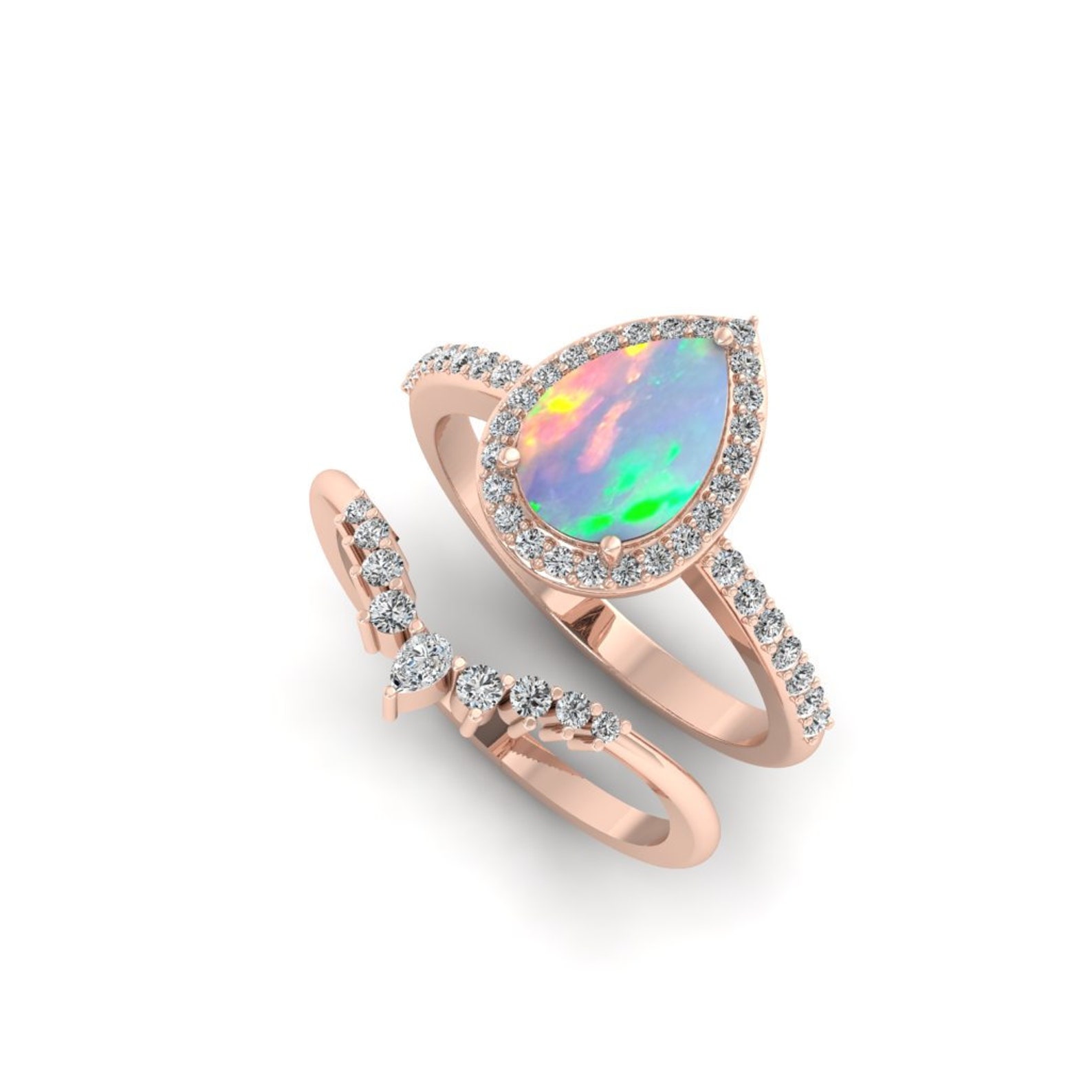 14k Beautiful Opal Engagement Ring Set Pear Opal Ring Silver - Etsy