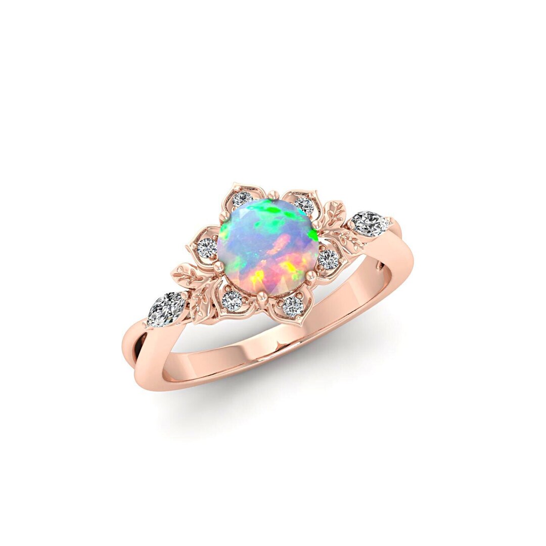 10k Flower Engagement Ring Opal Engagement Ring Sterling Silver Ring ...