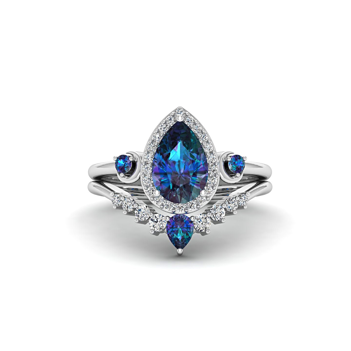 Crescent Moon Pear Alexandrite Ring Set: 14k Rose Gold, Color Change ...