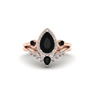 14k Black Engagement Ring Set, Moon Style Black Onyx Ring, Black Stone Rose Gold Wedding Set ...