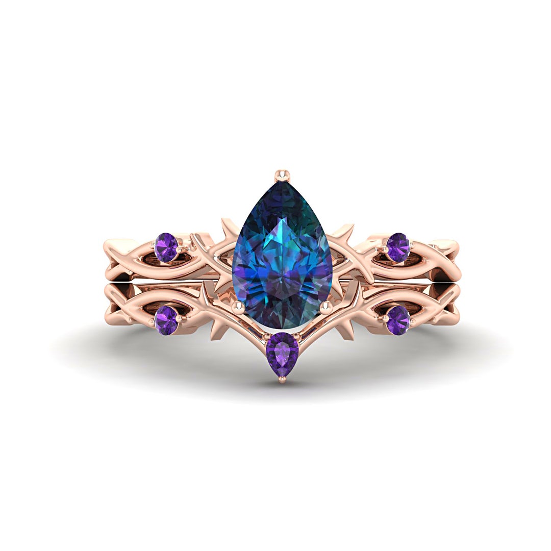 Pear Alexandrite Ring Set: Art Deco Amethyst Wedding Band - Etsy