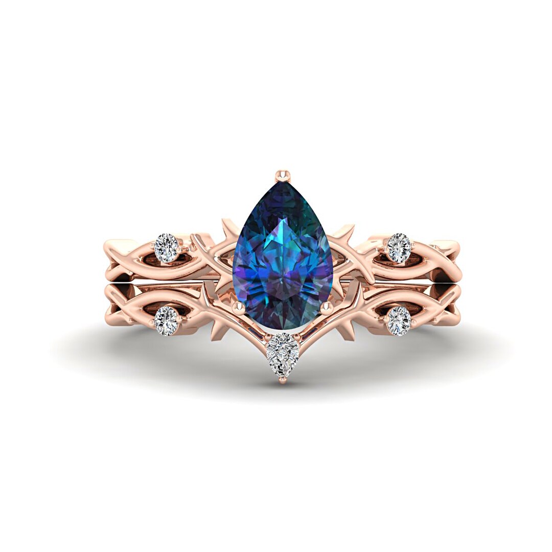 Handcrafted Pear Alexandrite Engagement Ring Set: Nature Inspired Twig ...